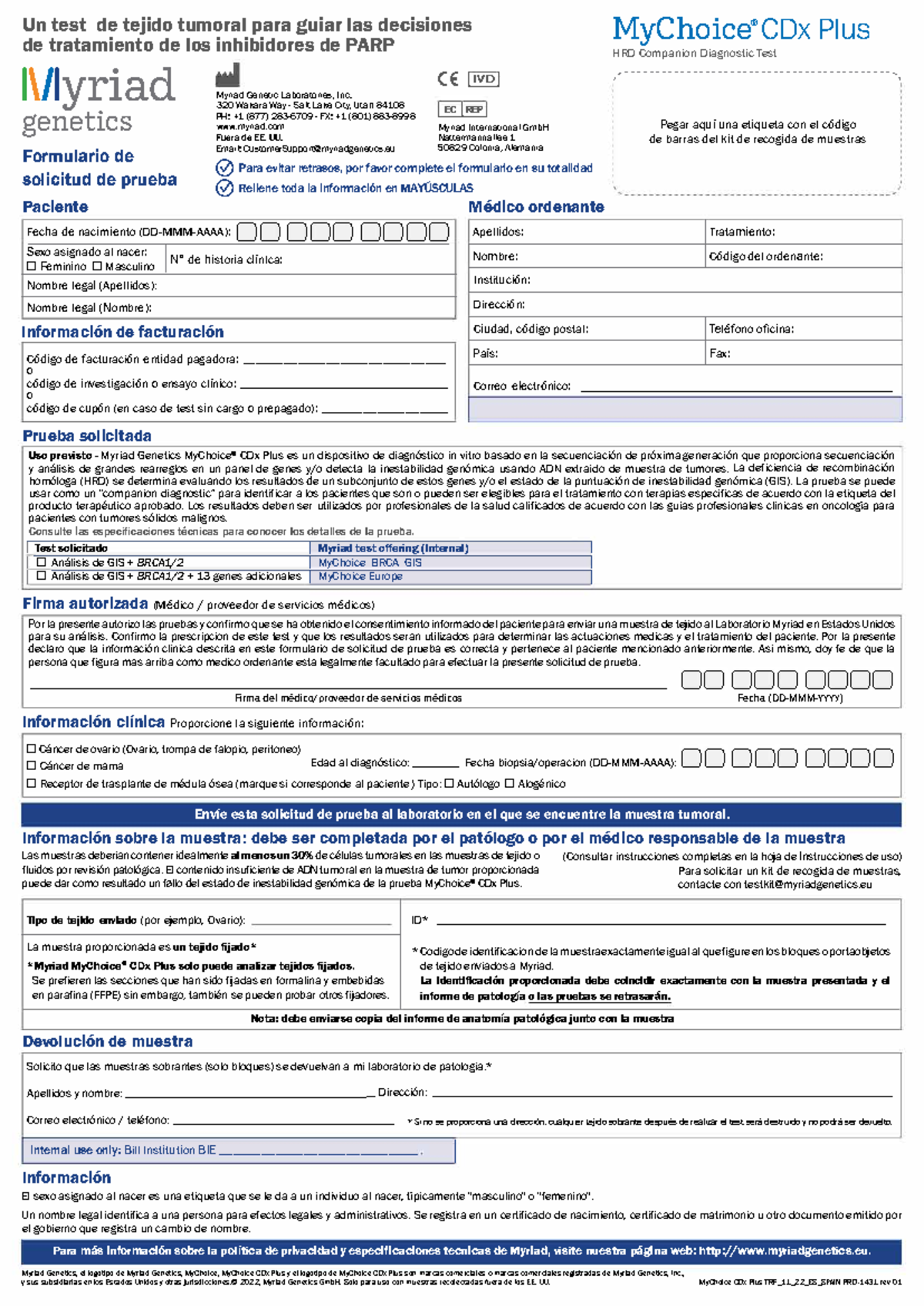 Formulario de Solicitud para la Prueba MyChoice® CDx Plus (TRF 11 22 ES ...