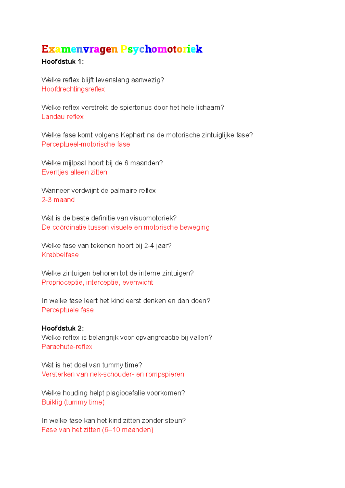 Examenvragen Psychomotoriek Hoofdstuk 1-8: Reflexen en Ontwikkeling ...