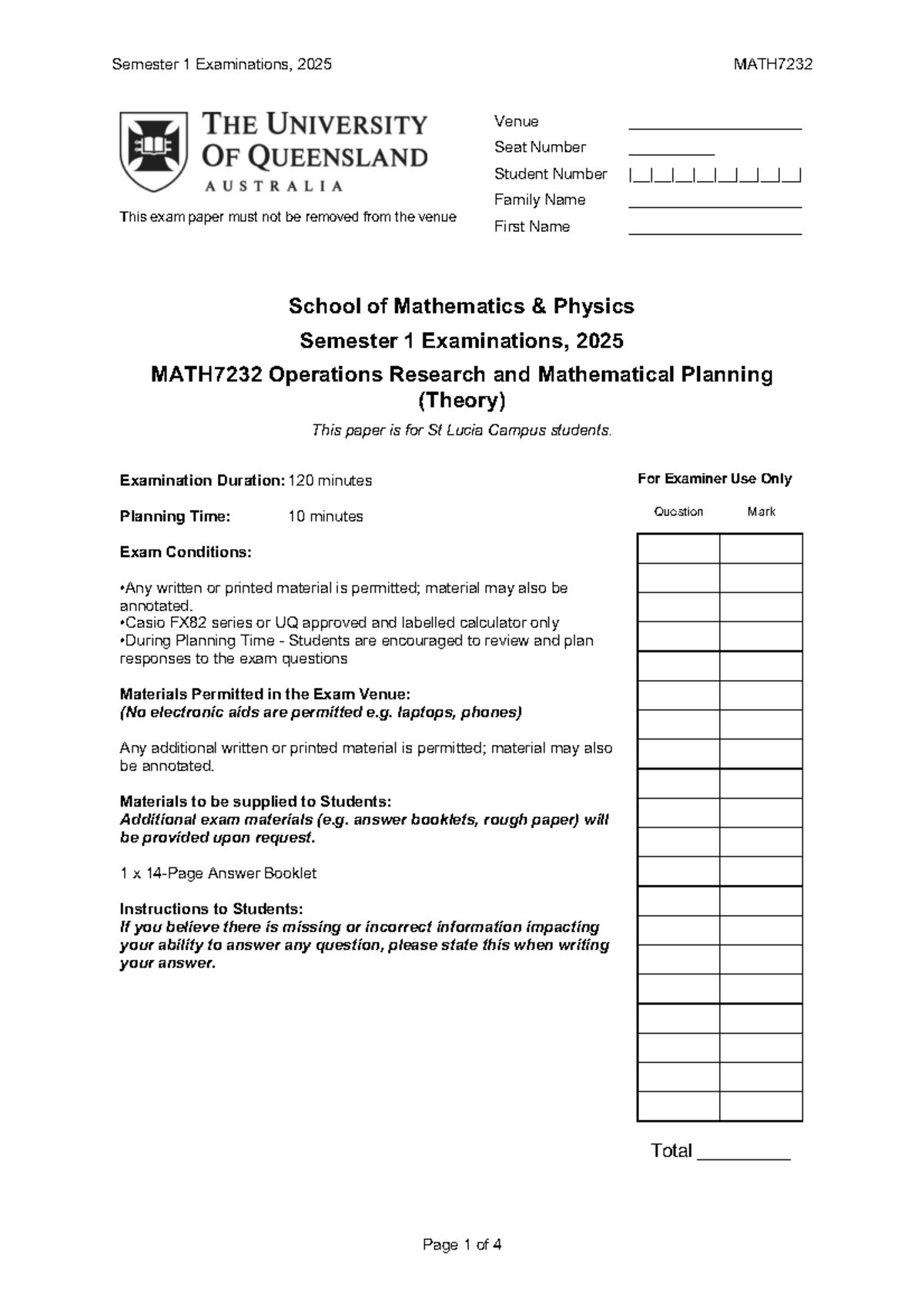 Semester 1 Exam 2025 MATH7232: Operations Research & Planning - Studocu