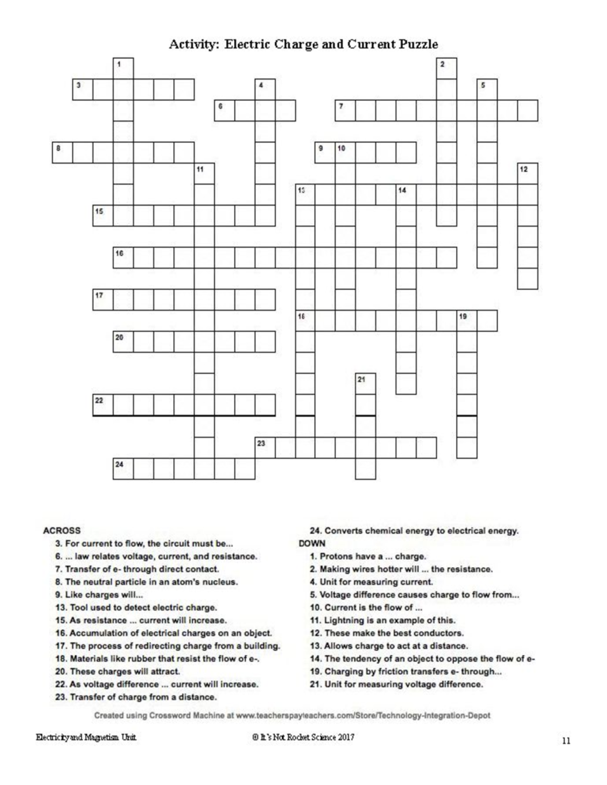 Electric Charge Crossword - Jagus Unit 4: Electricity & Magnetism - Studocu