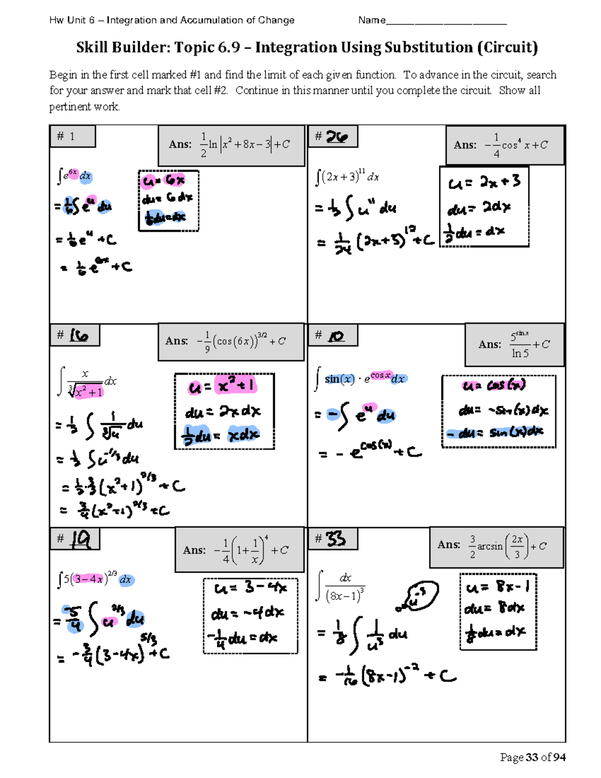 Unit 6 - 6.9 work sheet - Skill Builder: Topic 6 – Integration Using Substitution (Circuit ...
