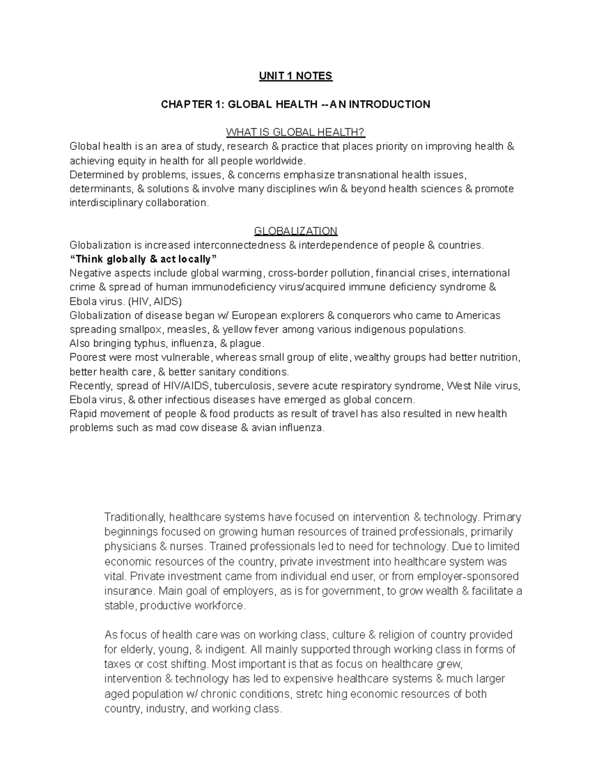 HW315 Notes - Global Health Overview & Key Concepts from Units 1-10 ...