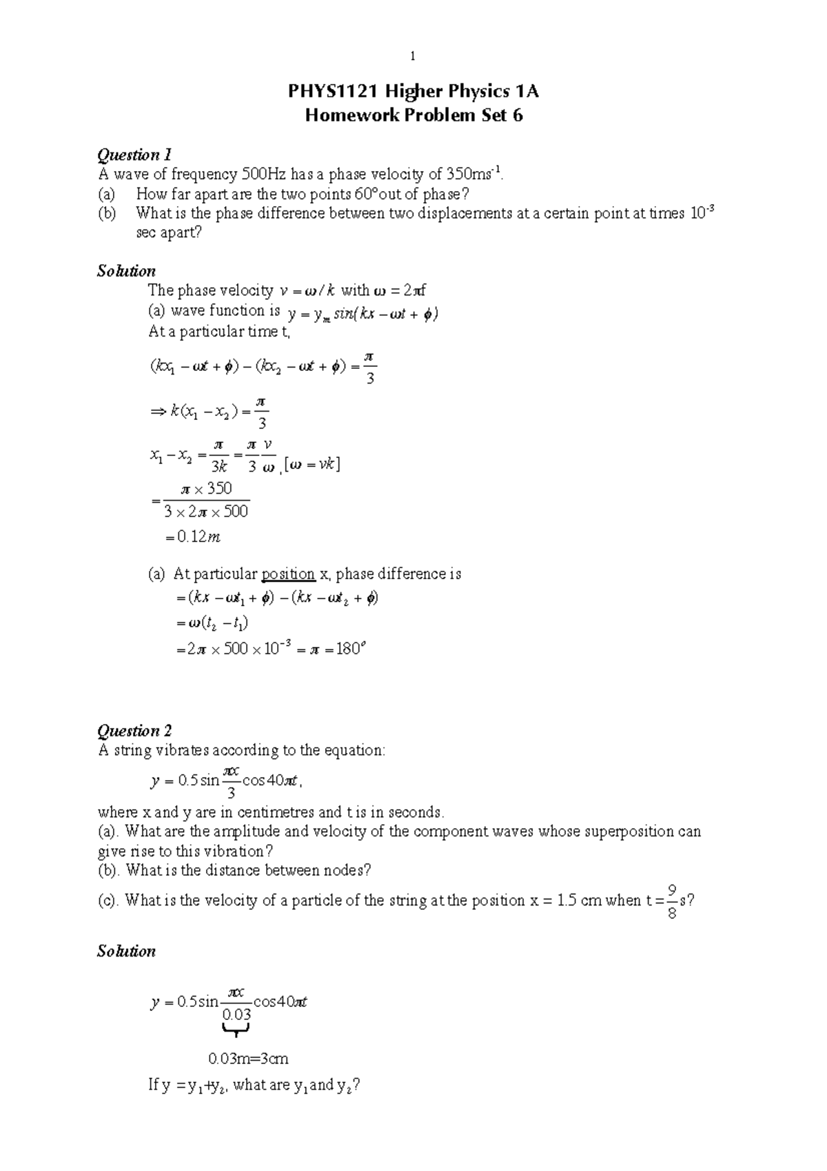 Phys1 12 Homework Problem Set 6 Solutions: Waves, Nodes, and Frequency ...