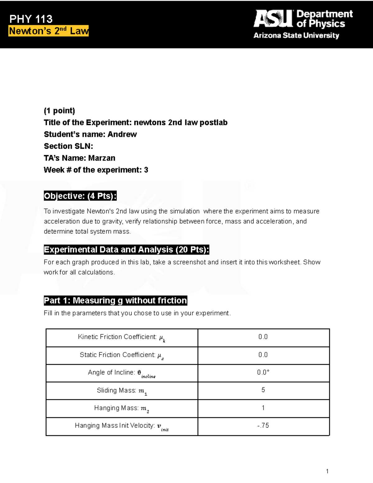 Newtons 2nd Law Lab Postlab Worksheet - PHY 2nd Law - Studocu