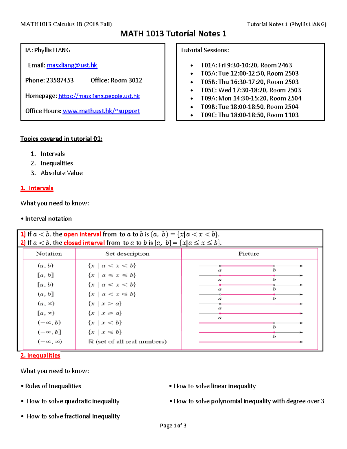 MATH1013 Final Exam Tutorial Notes 01: Intervals and Inequalities - Studocu