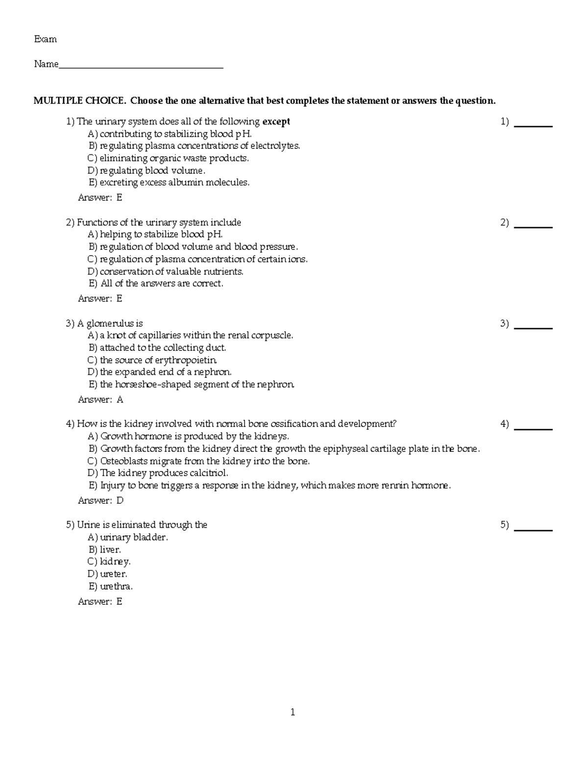 Exam MULTIPLE CHOICE: Urinary System Functions and Anatomy - Studocu