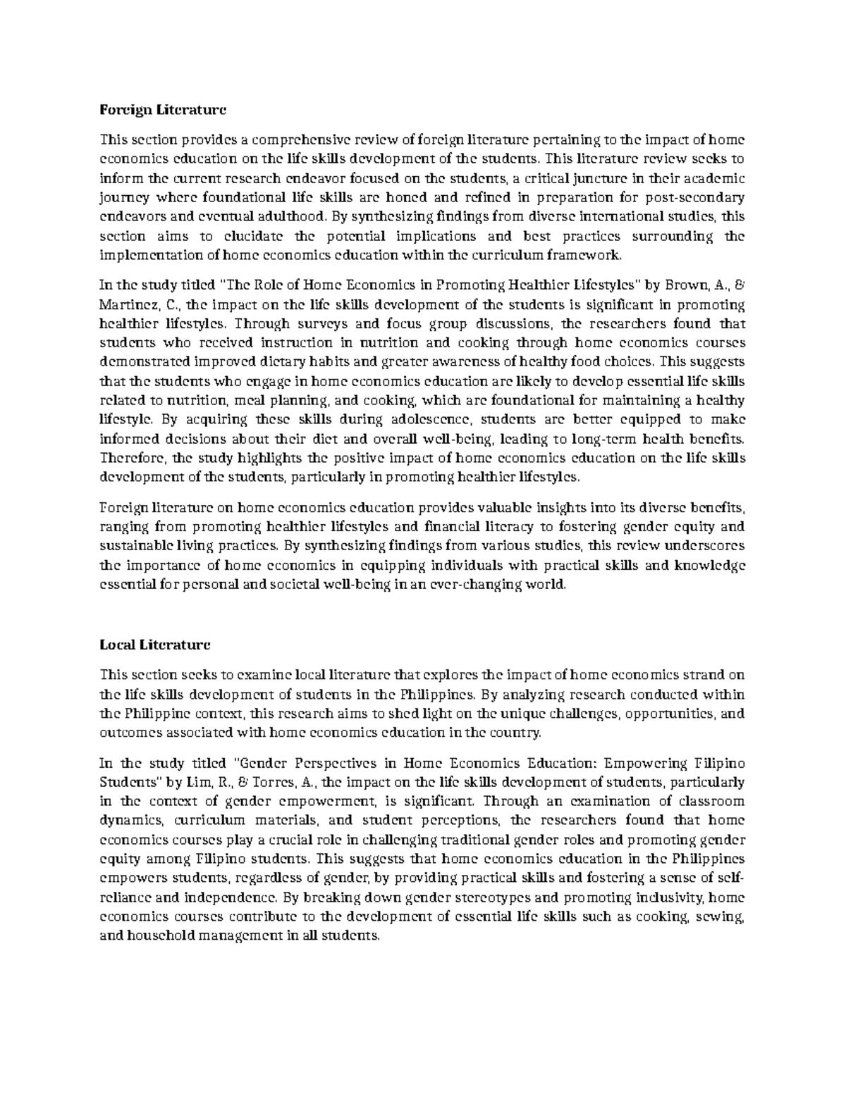 Home Economics Literature Review: Foreign & Local Perspectives on ...