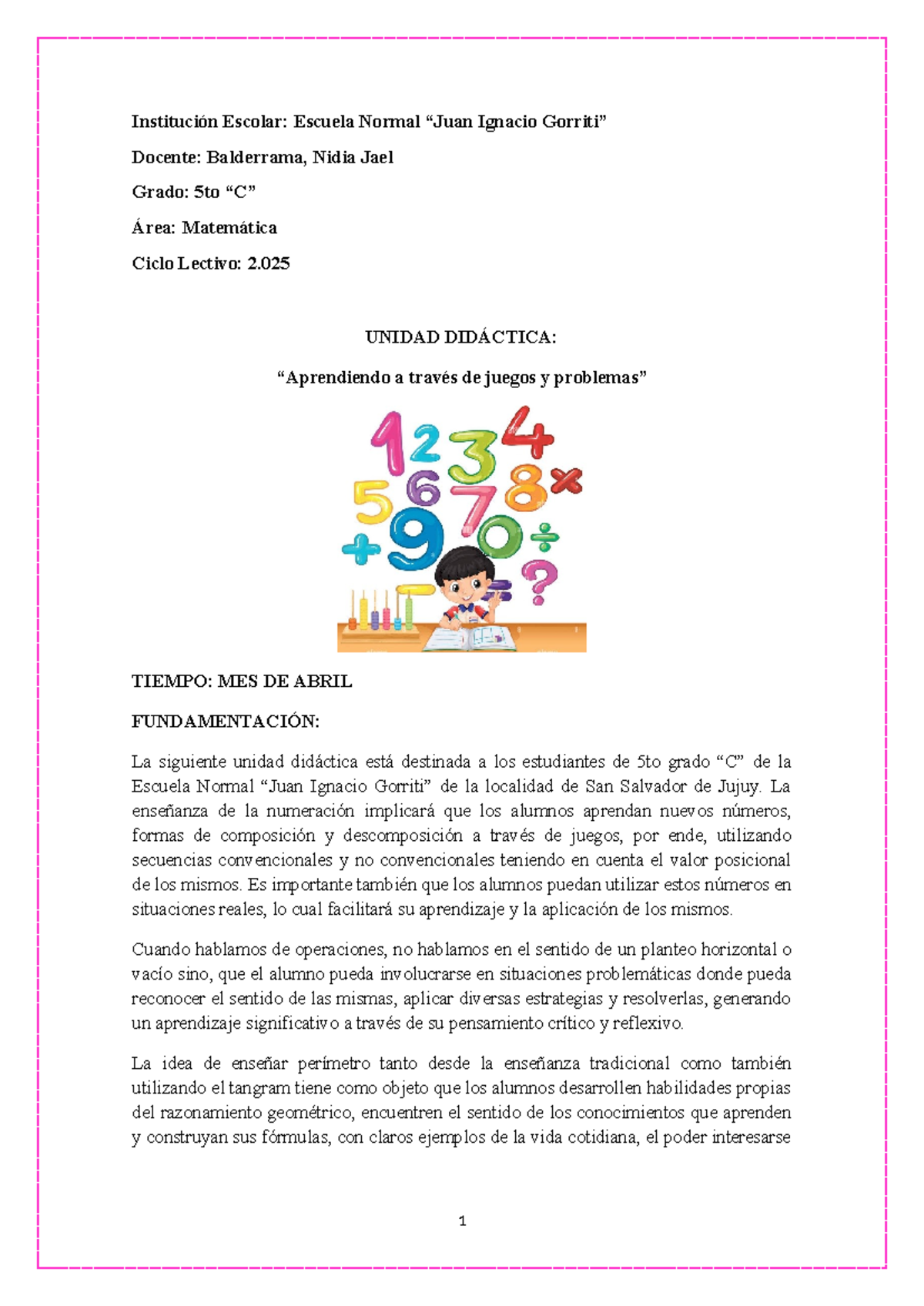 Planificación de Matemática para 5to Grado "C" - Abril - Studocu