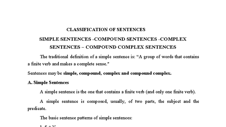 CLASSIFICATION OF SENTENCES: SIMPLE, COMPOUND, COMPLEX (ENG 101) - Studocu
