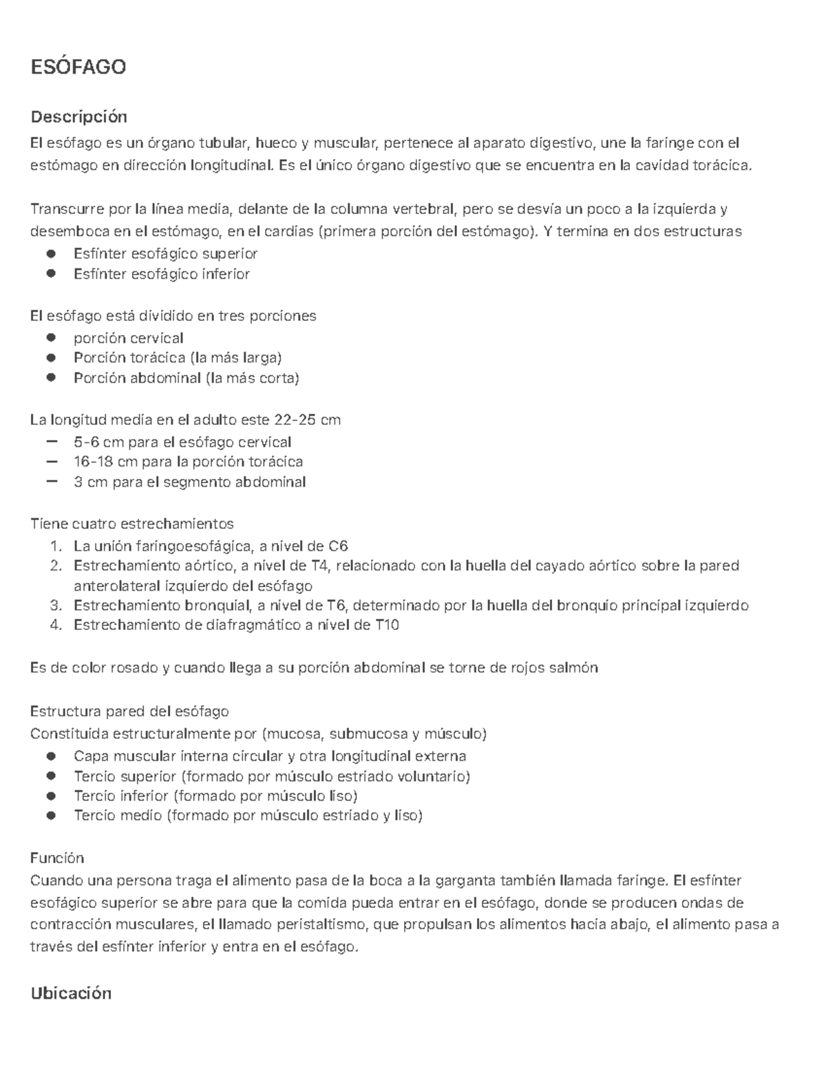 Resumen del Esófago: Estructura, Función y Vascularización - Studocu