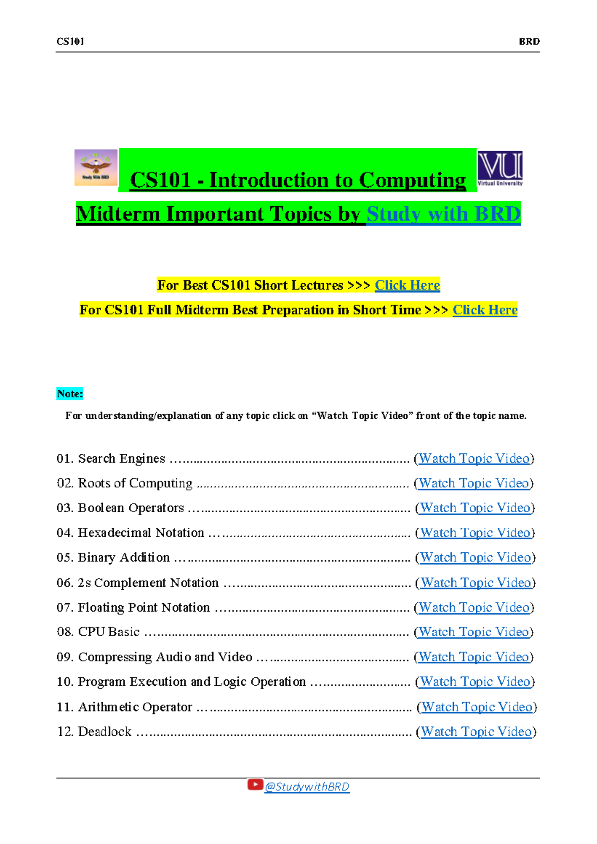CS101 Key Topics for Midterm Preparation - Study with BRD - Studocu