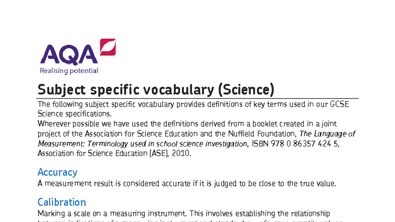 AQA Science GCSE: Key Vocabulary Definitions for Exams - Studocu
