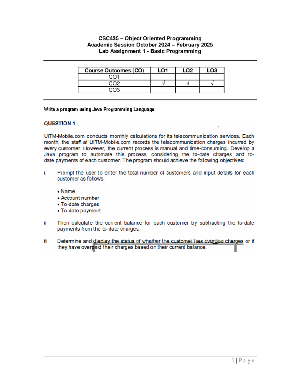 Lab Assignment 1 - Basic Programming (1) - CSC435 – Object Oriented ...