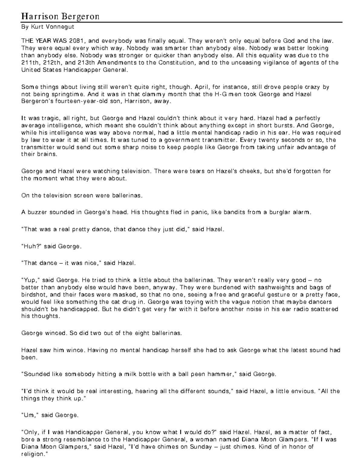 Harrison Bergeron (ENGL 101) - Full Text Analysis and Discussion - Studocu