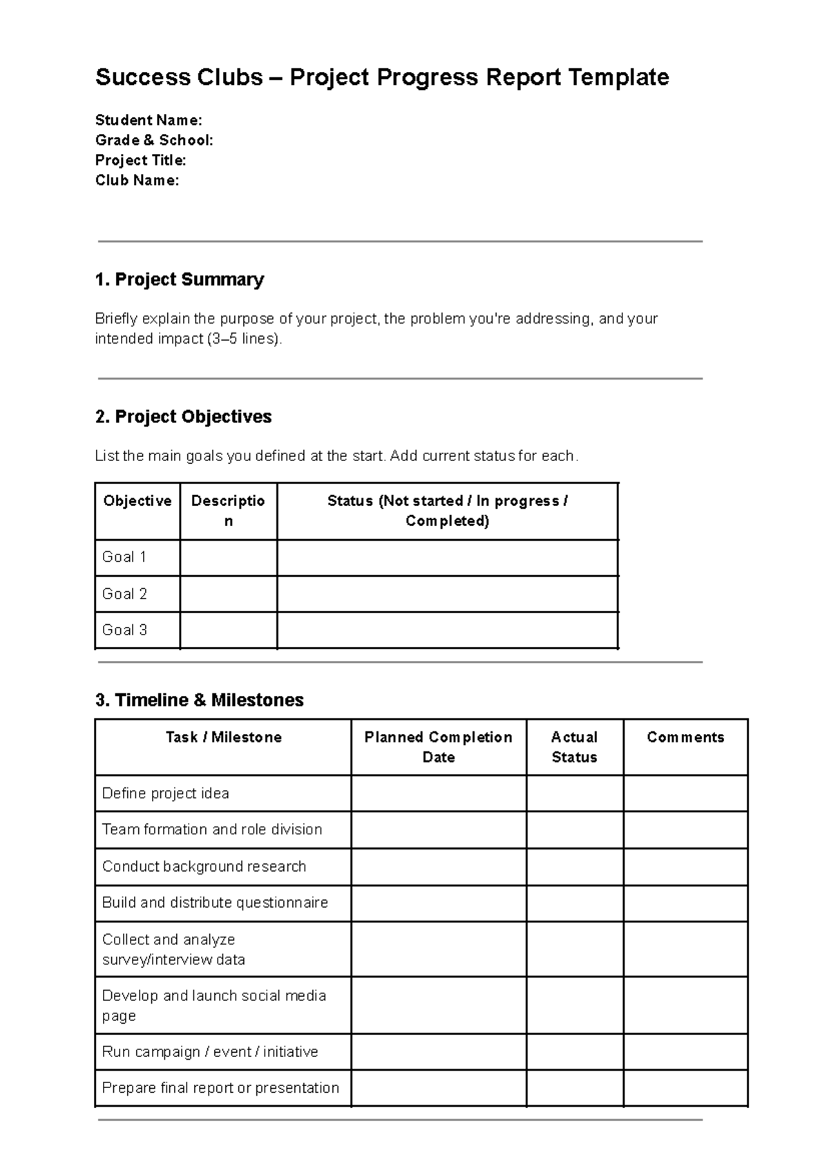 Success Clubs Project Progress Report Template - Club 1 - Studocu