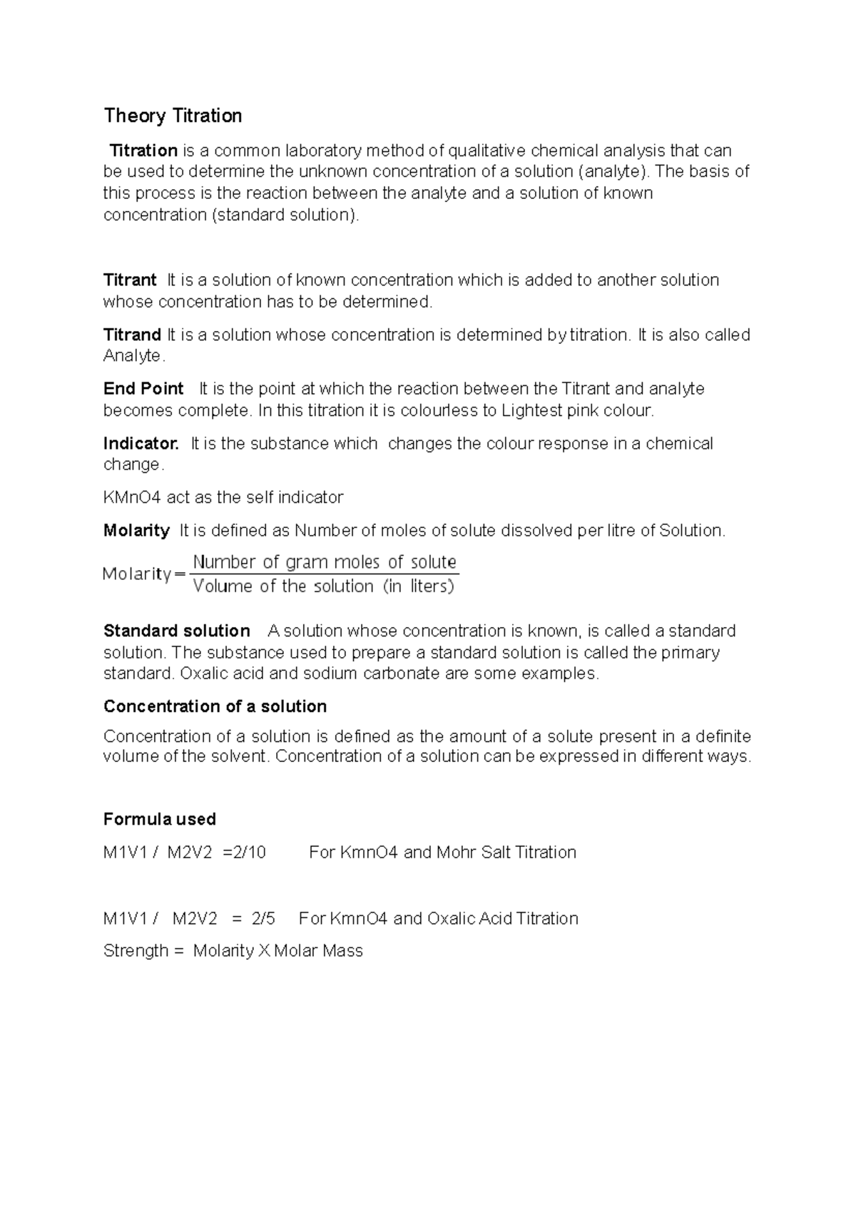 Theory of Titration: Understanding Concentration and Reactions - Studocu
