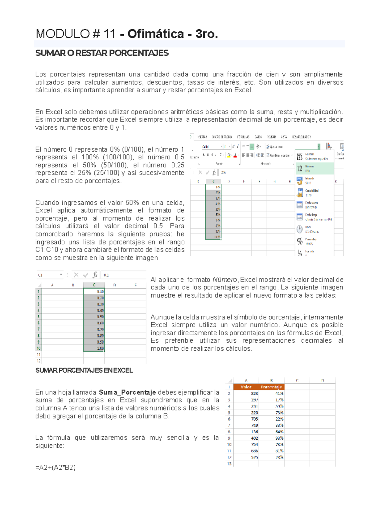 Modulo 11 Ofimática 3ro: Sumar y Restar Porcentajes en Excel - Studocu