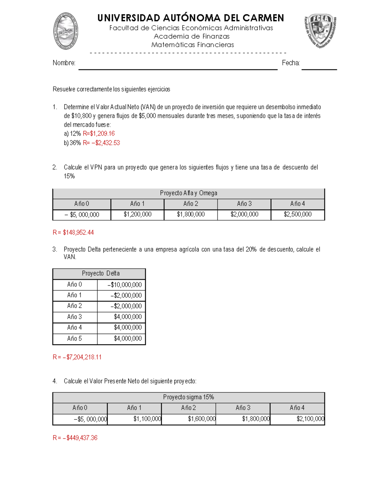 Ejercicios Resueltos de Valor Presente Neto (VPN) - Matemáticas Financieras - Studocu
