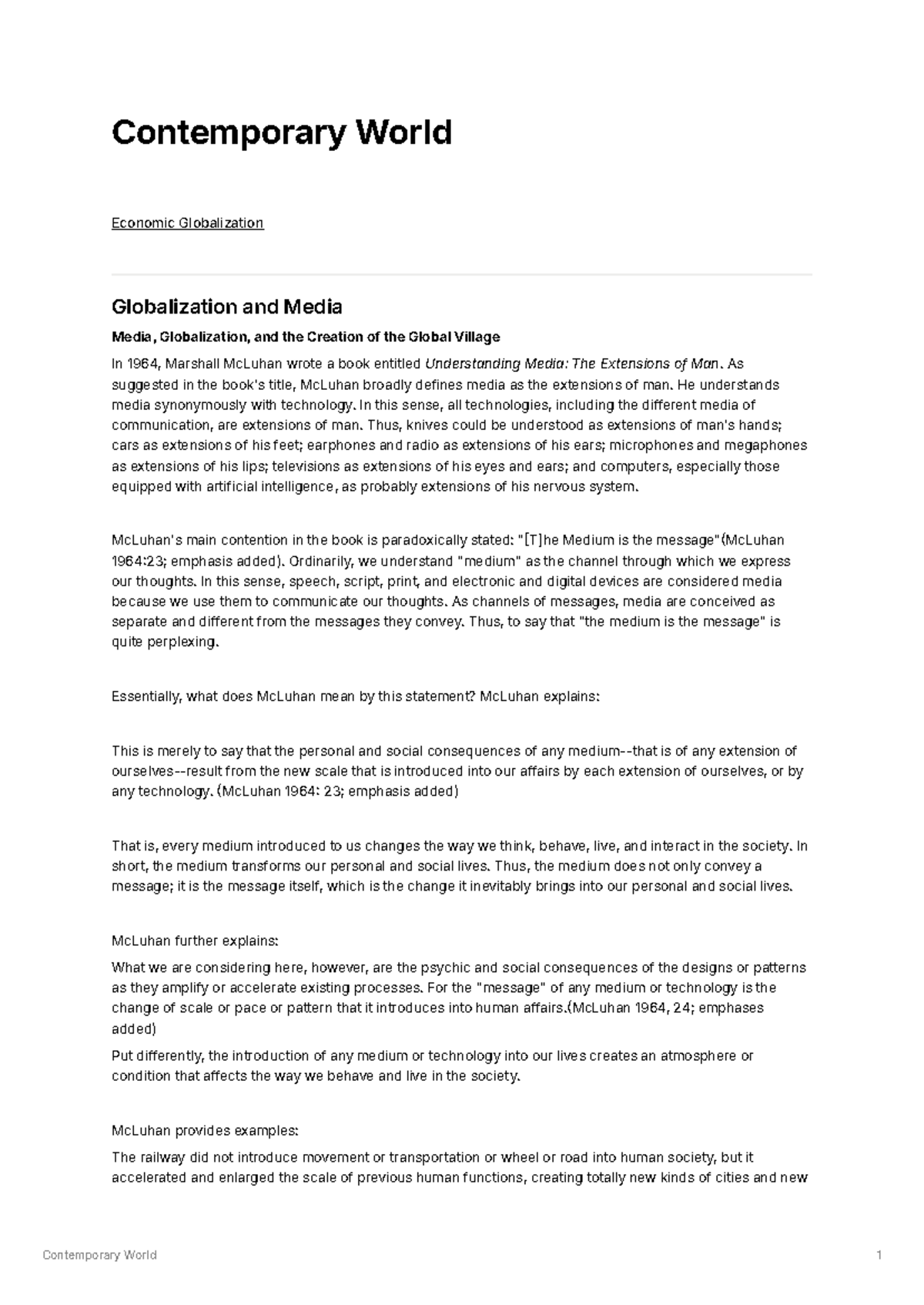 Contemporary World: Globalization & Media - Contemporary World Economic Globalization ...