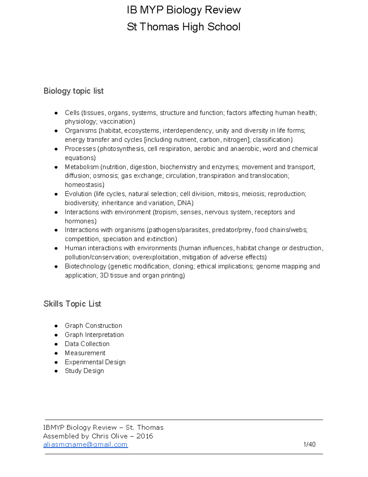 IB MYP Biology Review: Key Concepts and Processes at St. Thomas - Studocu