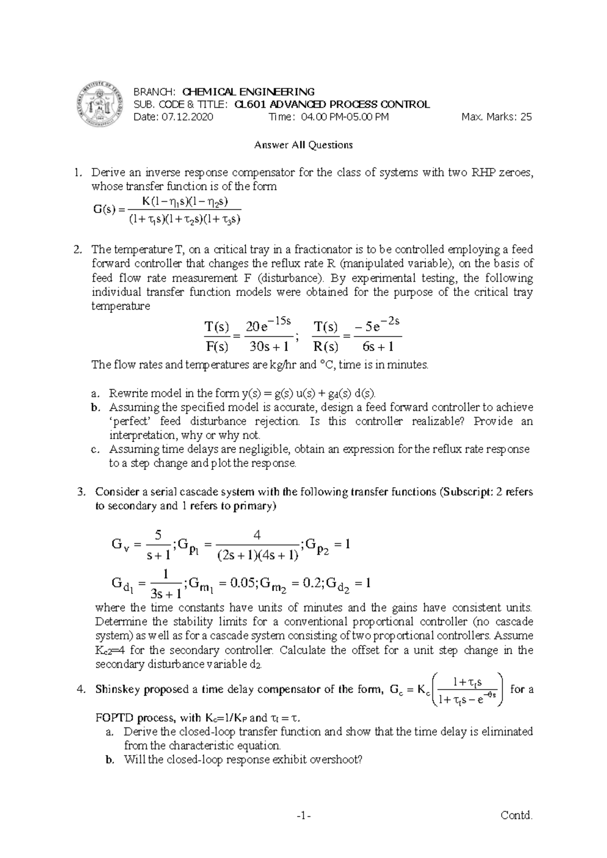 **CL601 Advanced Process Control Exam - 16 March Q&A** - Studocu