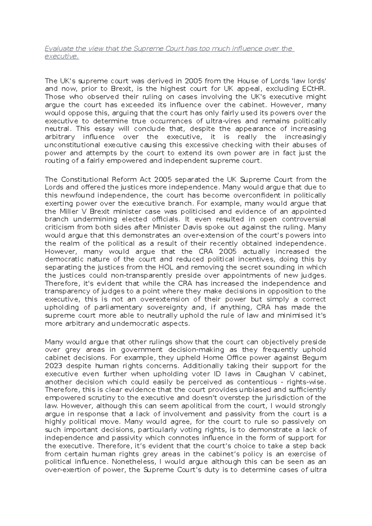 UKSC Essay: Assessing the Supreme Court's Influence on the Executive ...