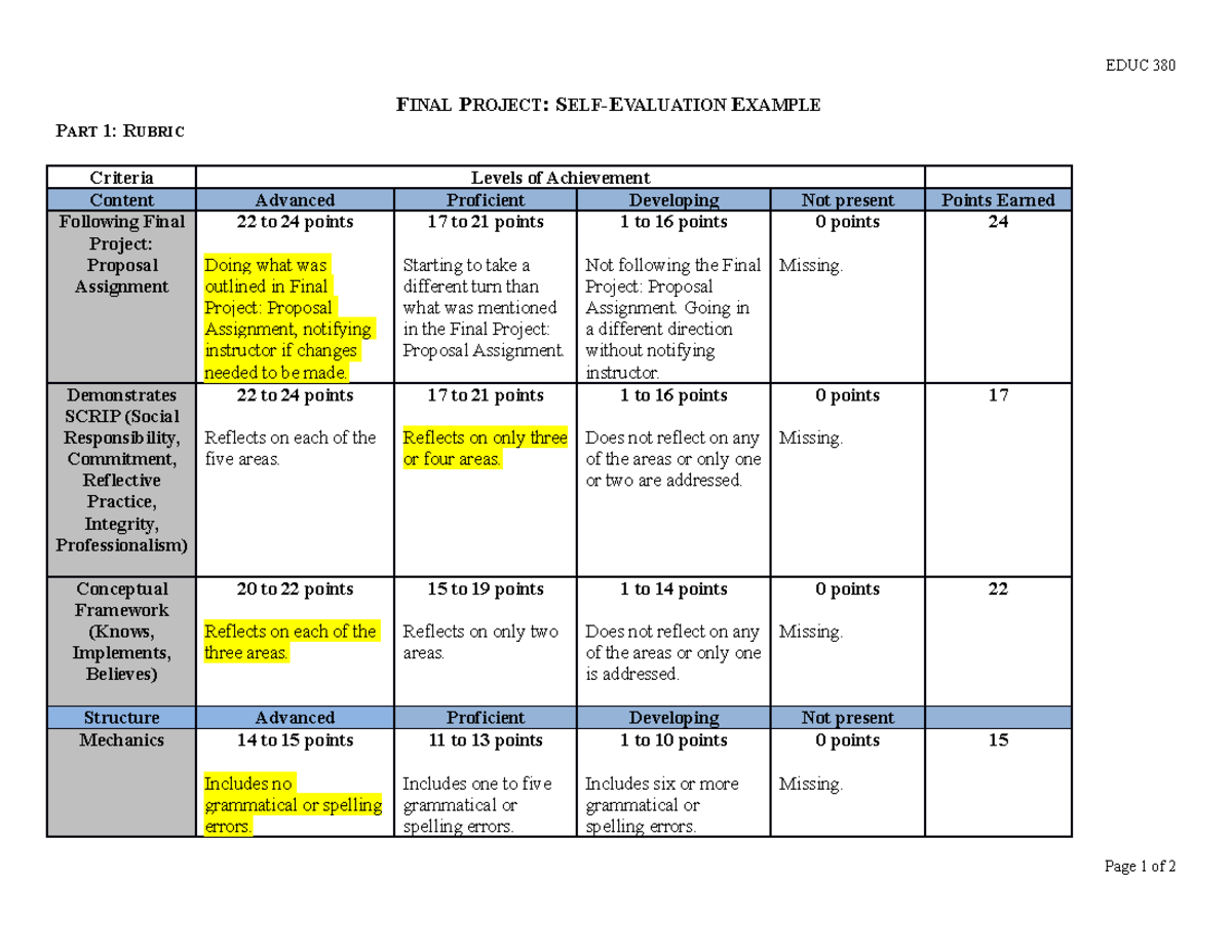 EDUC 380 Final Project Self-Evaluation Criteria and Example - Studocu