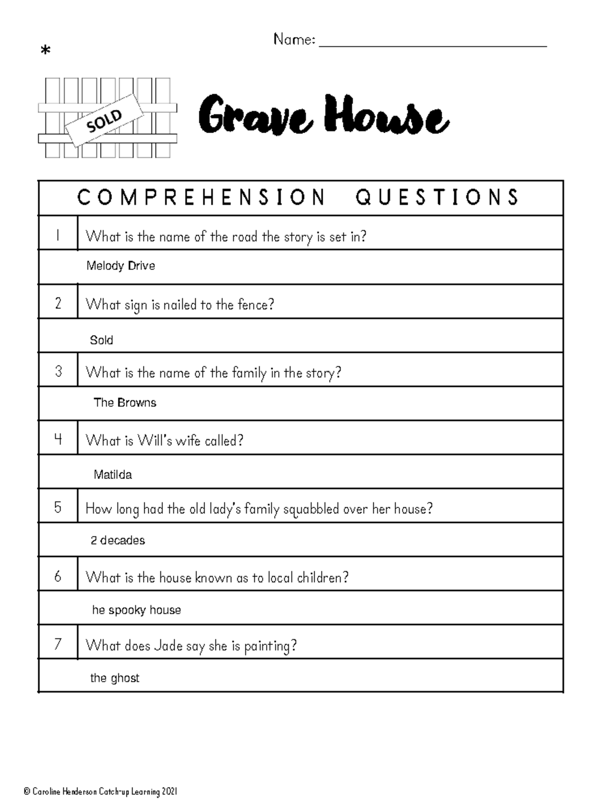 Grave House Comprehension and Inference Questions (USE THIS ONE) - C O ...