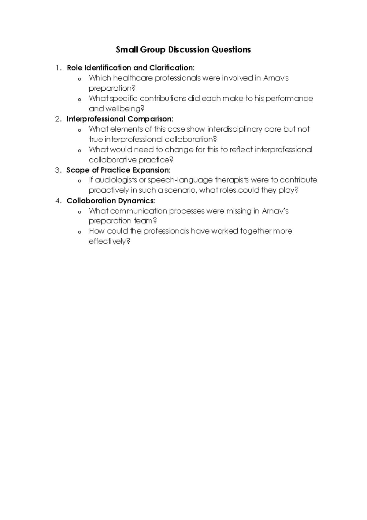 Small Group Discussion Questions: Interprofessional Collaboration ...