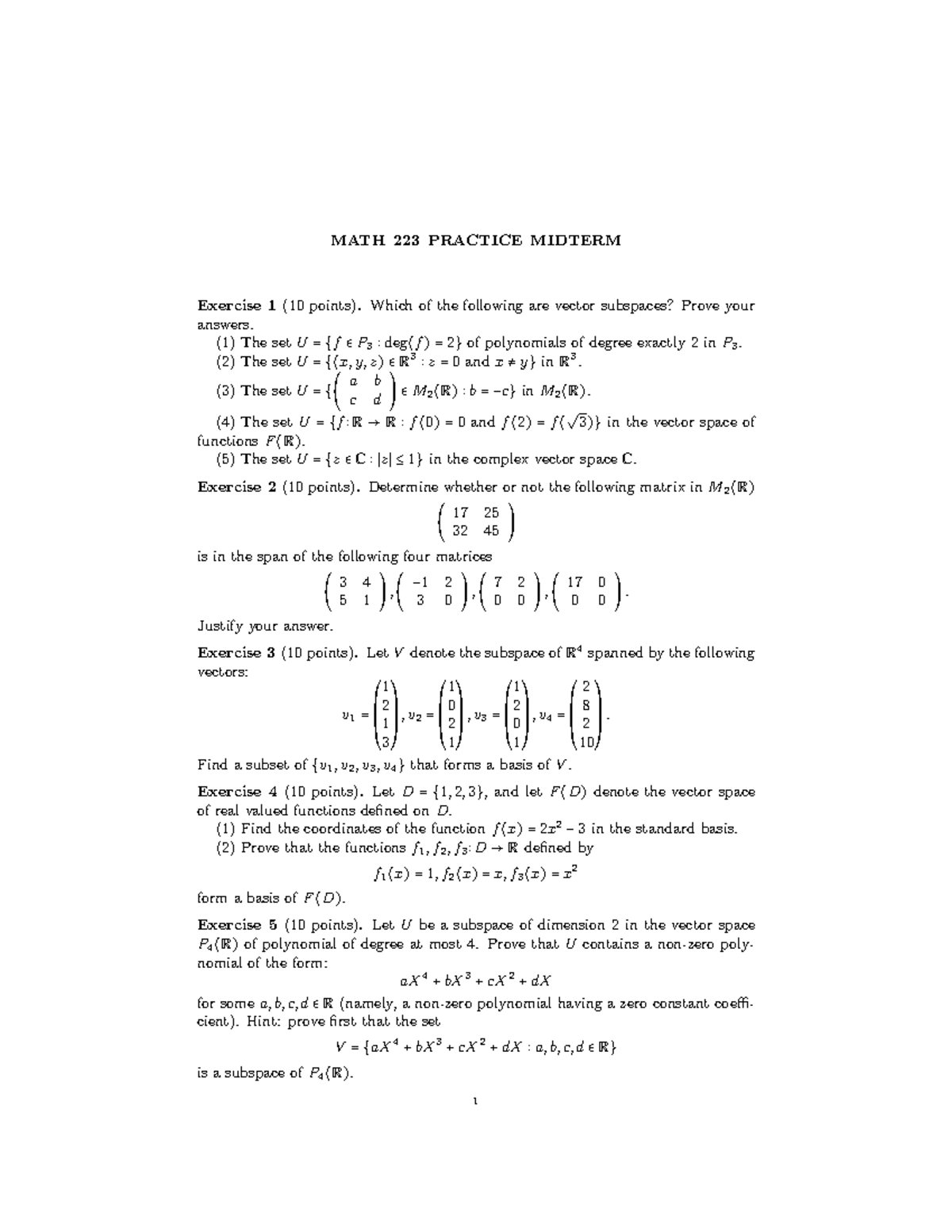 MATH 223 W2026 Practice Midterm: Vector Subspaces & Matrix Span - Studocu
