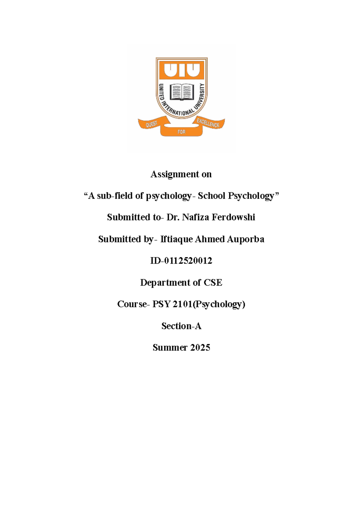 PSY 2101: Assignment on School Psychology in Bangladesh - Studocu