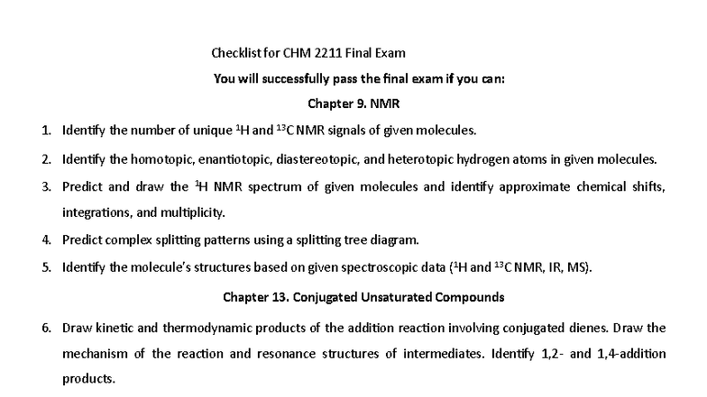 CHM 2211 Final Exam Study Checklist: Key Topics & Concepts - Studocu