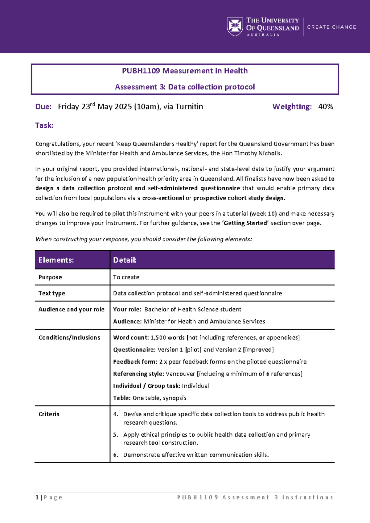 PUBH1109 Assessment 3: Data Collection Protocol & Questionnaire Design ...