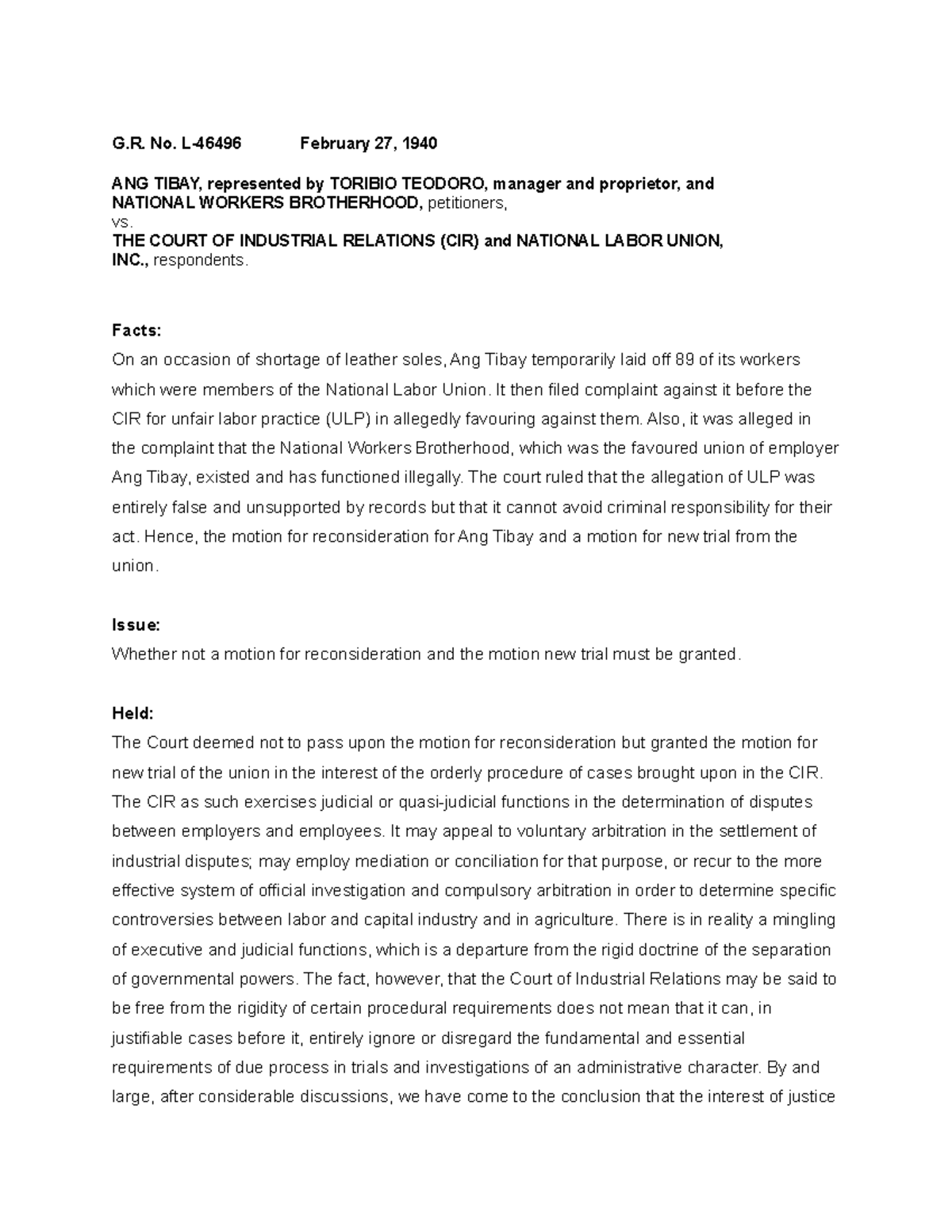 G.R. No. L-46496 - Ang Tibay Case Digest and Ruling Overview - Studocu