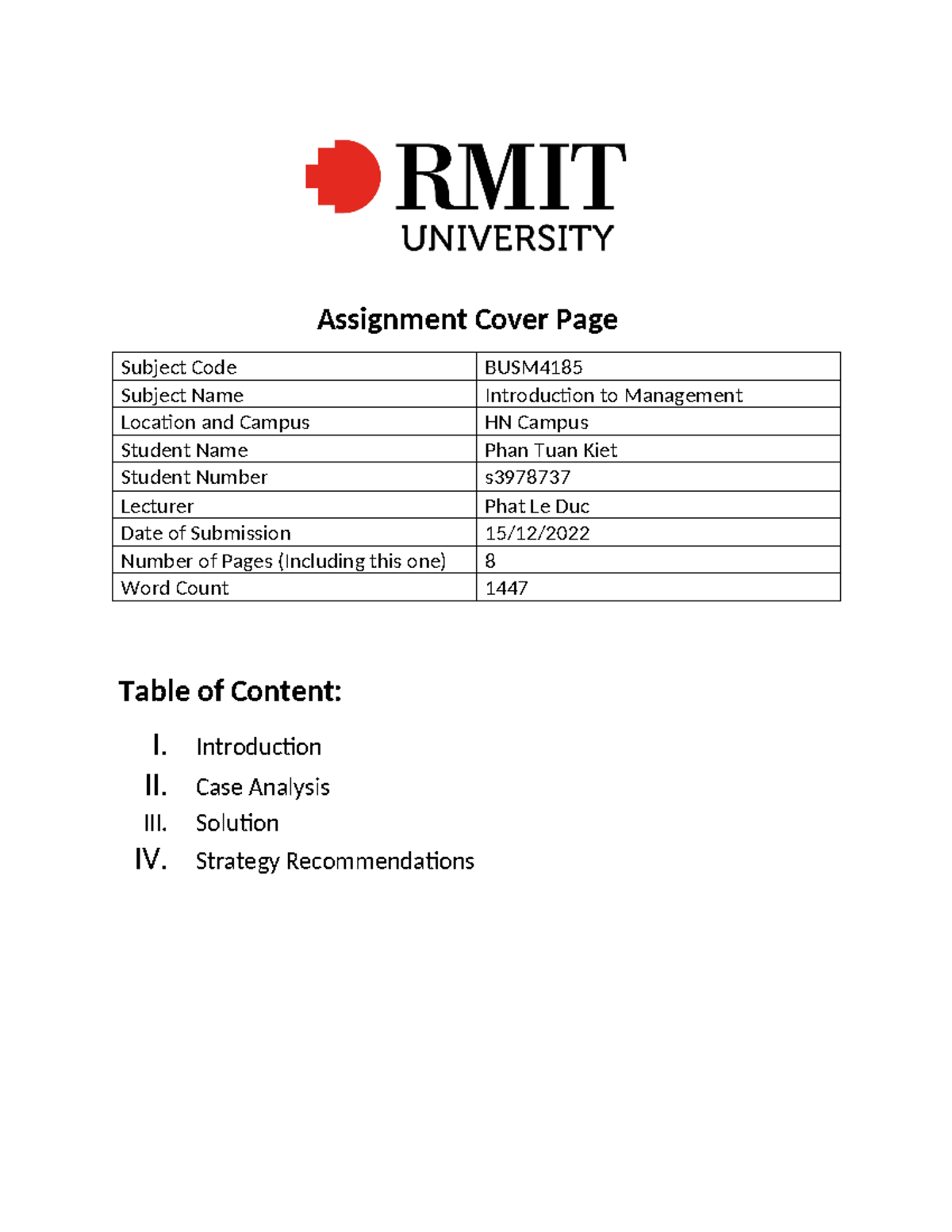 ITM A1 2022 sample - Assignment Cover Page Subject Code BUSM Subject ...