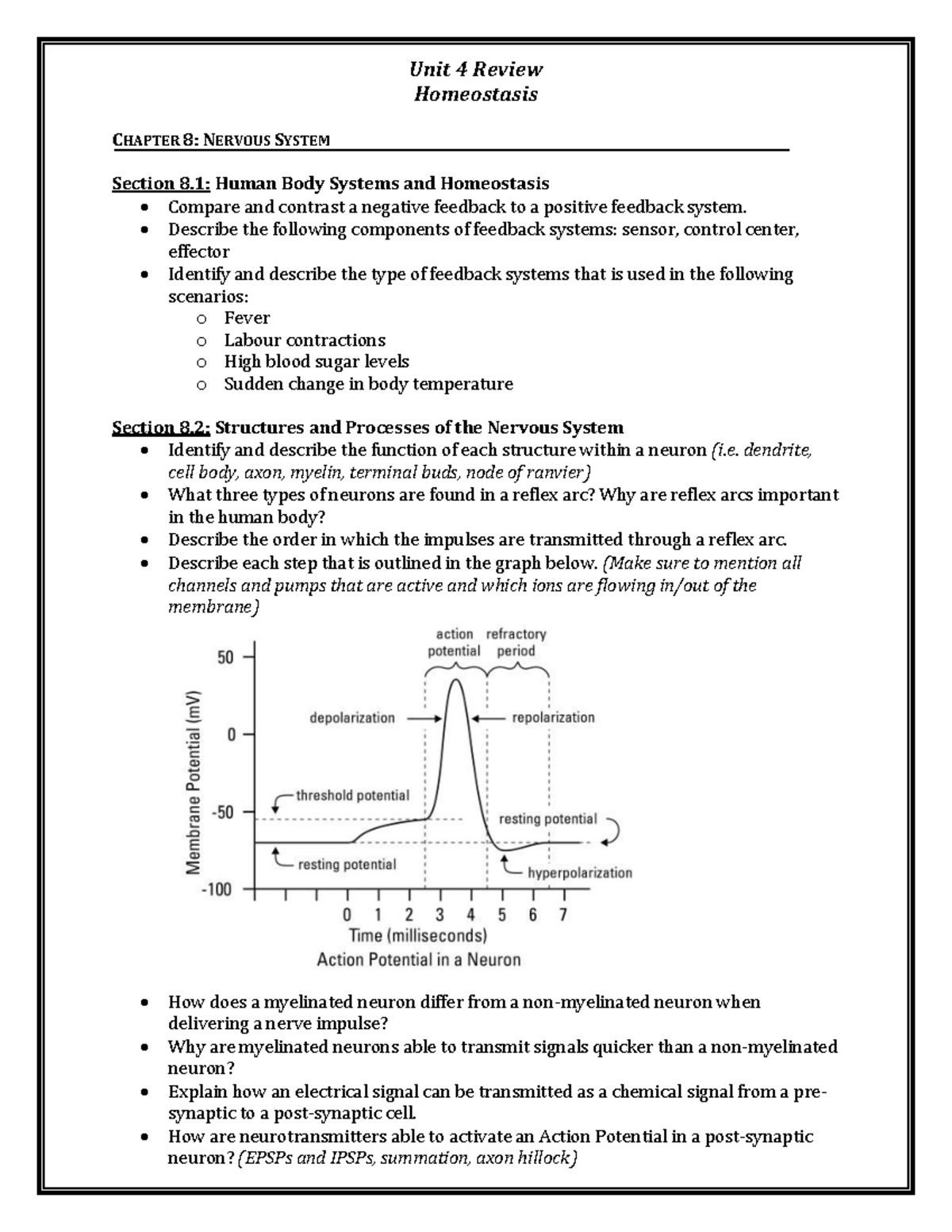 Unit 4 Review: Homeostasis, Nervous & Endocrine Systems Insights - Studocu