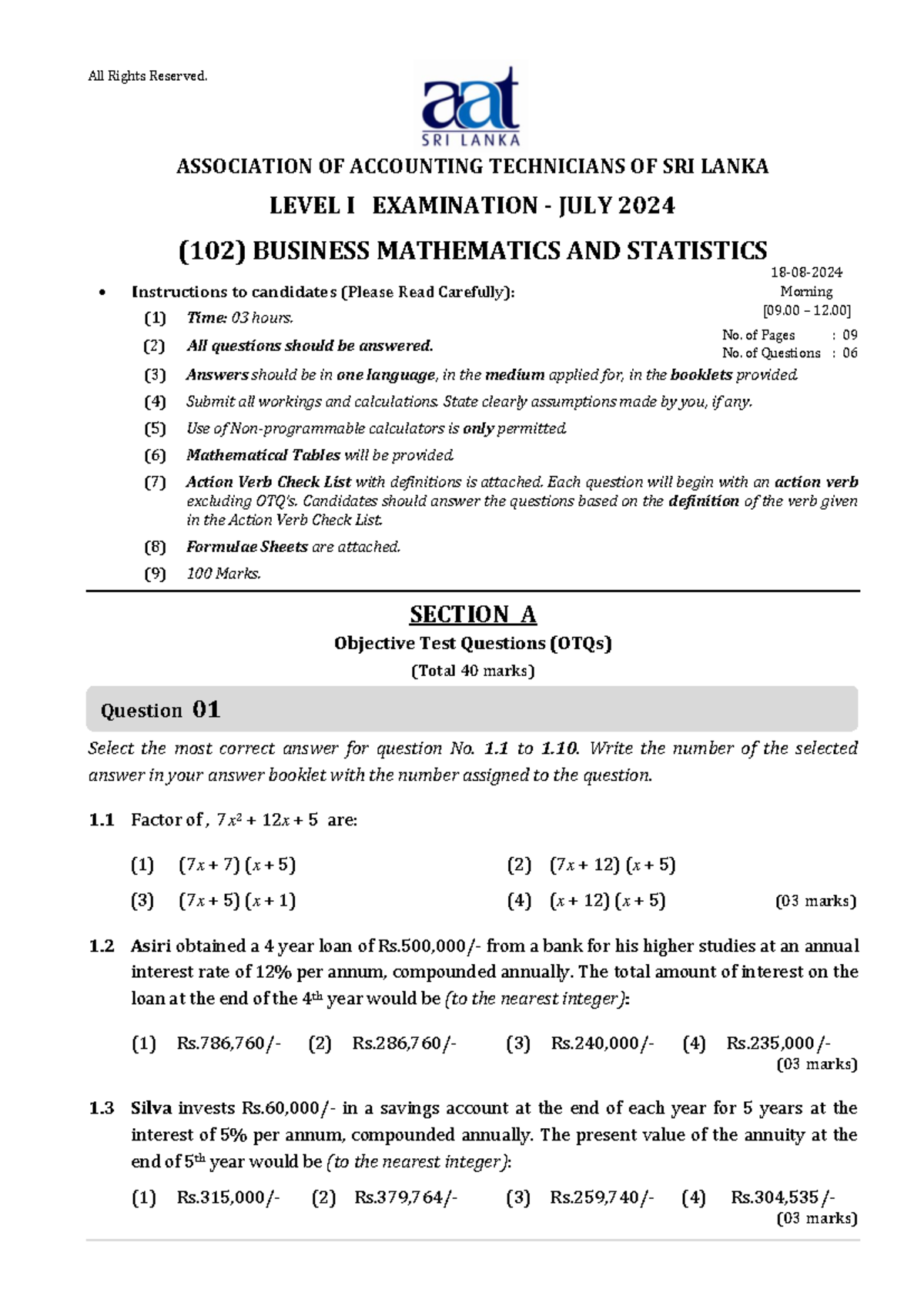 AAT Level I Exam July 2024 (102) - Business Mathematics & Statistics ...