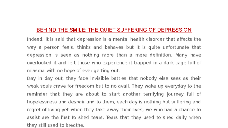 BEHIND THE SMILE: UNDERSTANDING DEPRESSION'S HIDDEN PAIN - Studocu