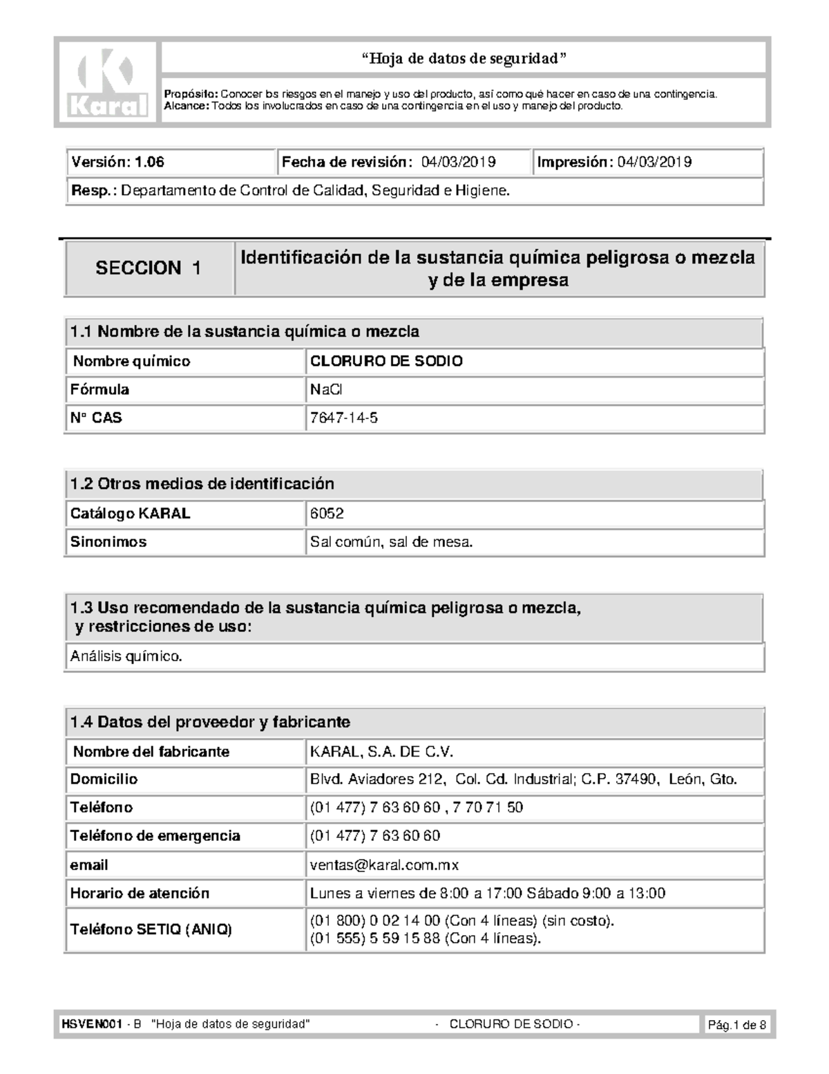 Hoja de Datos de Seguridad: Cloruro de Sodio (HSVEN001) - Studocu