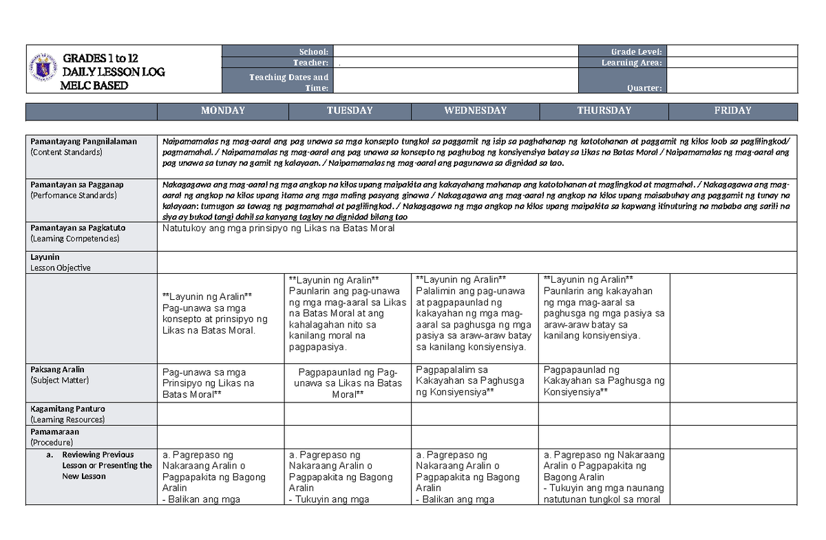WEEK 3 - LESSON PLAN: Likas na Batas Moral (Grades 1-12) - Studocu