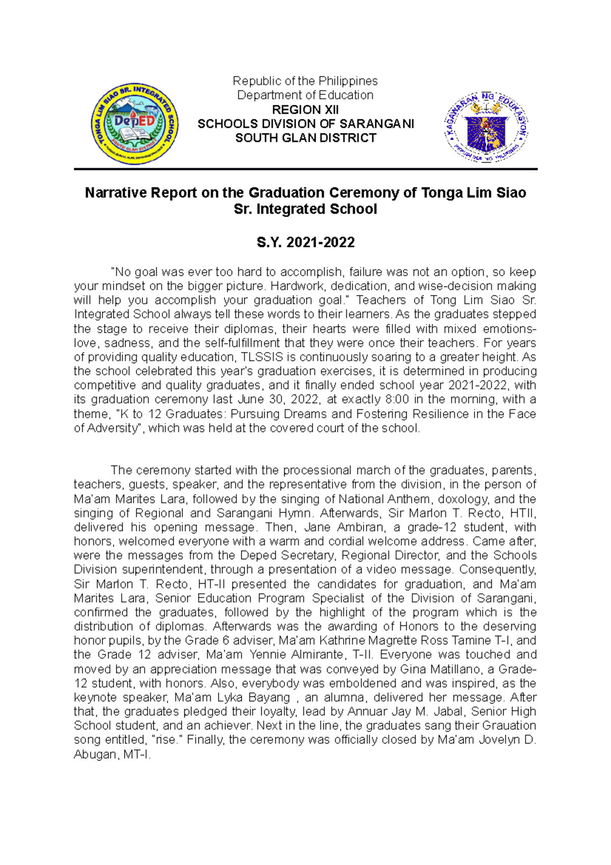 Narrative Report On Graduation Ceremony - Republic of the Philippines ...