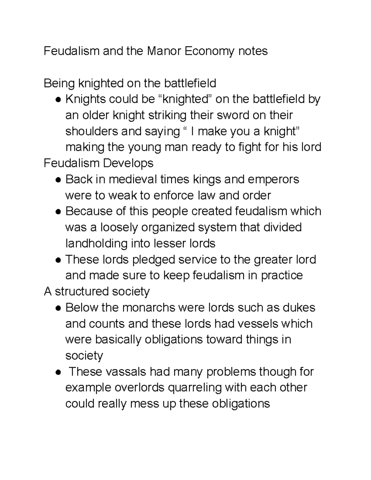 Untitled document - Notes on feudalism and the economy - Feudalism and ...