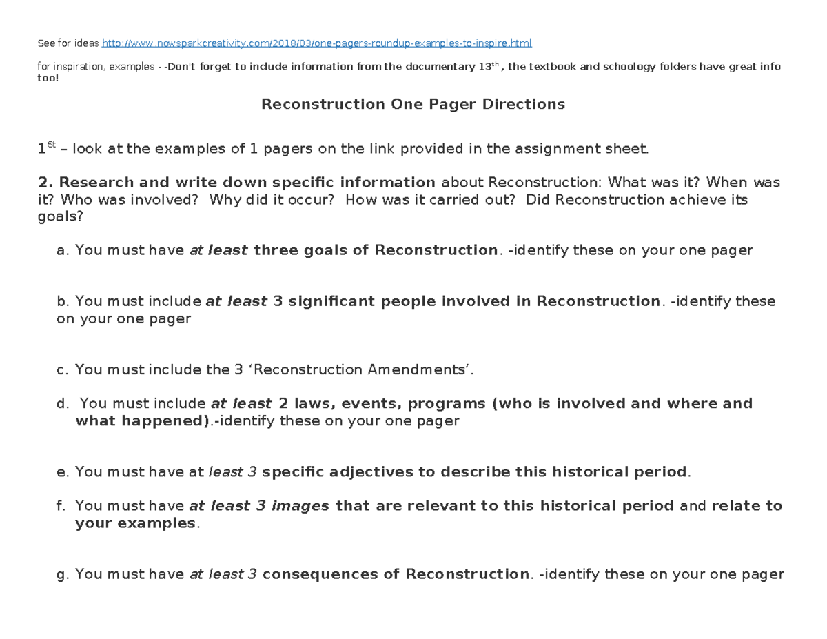 Reconstruction One Pager Assignment Guidelines & Rubric for US History ...