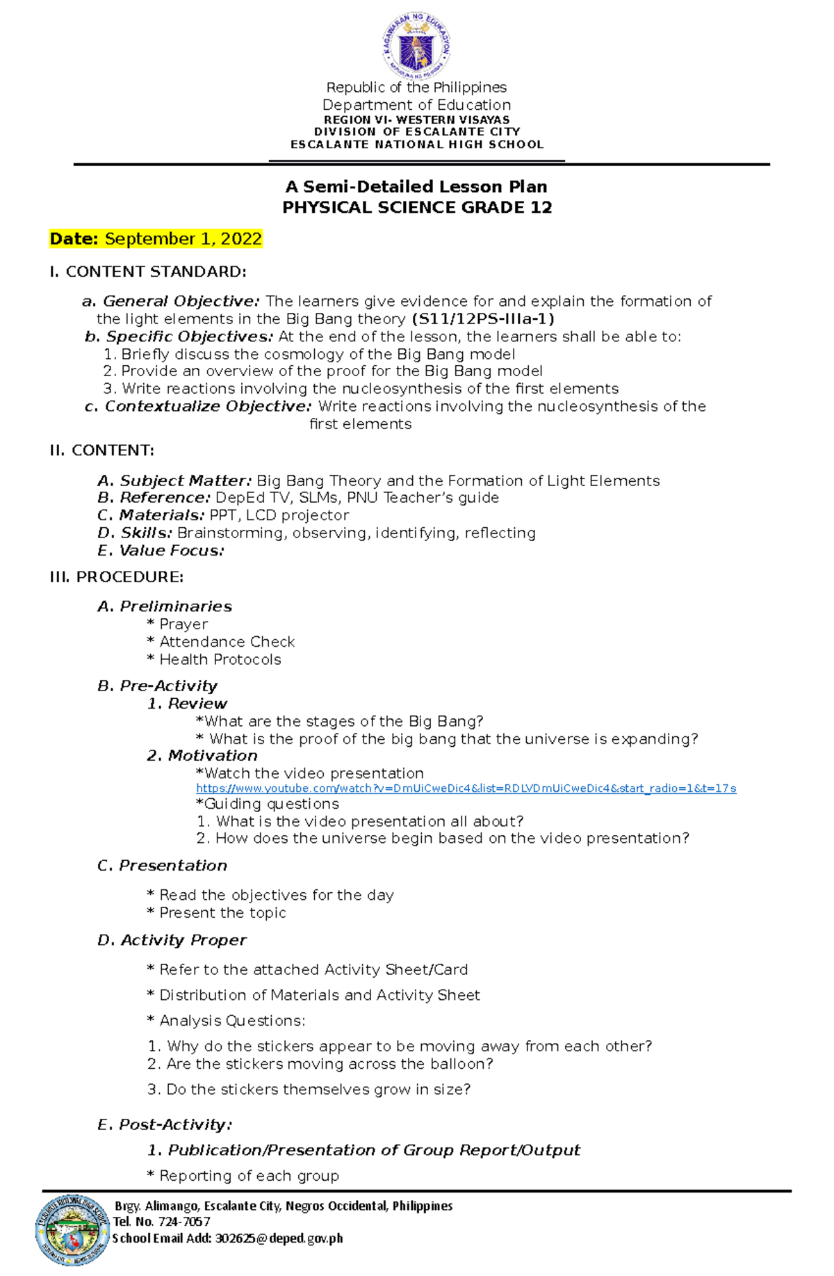 Semi-Detailed Lesson Plan: Big Bang Theory (PHY SCI SEMI-LP 3) - Studocu