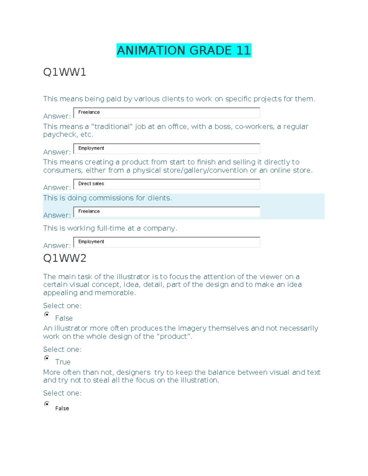 Animation Grade 11 - Answer Key for Q1WW & Q2PT - Studocu
