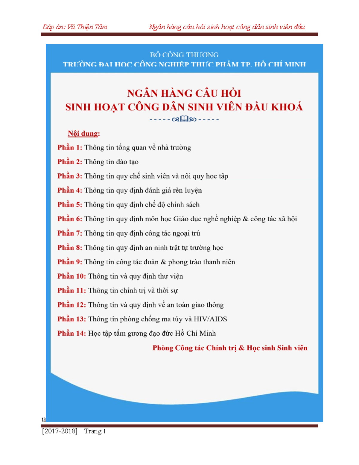 Ngân hàng câu hỏi SHDK 2017-2018 cho kỳ thi chính thức - Studocu