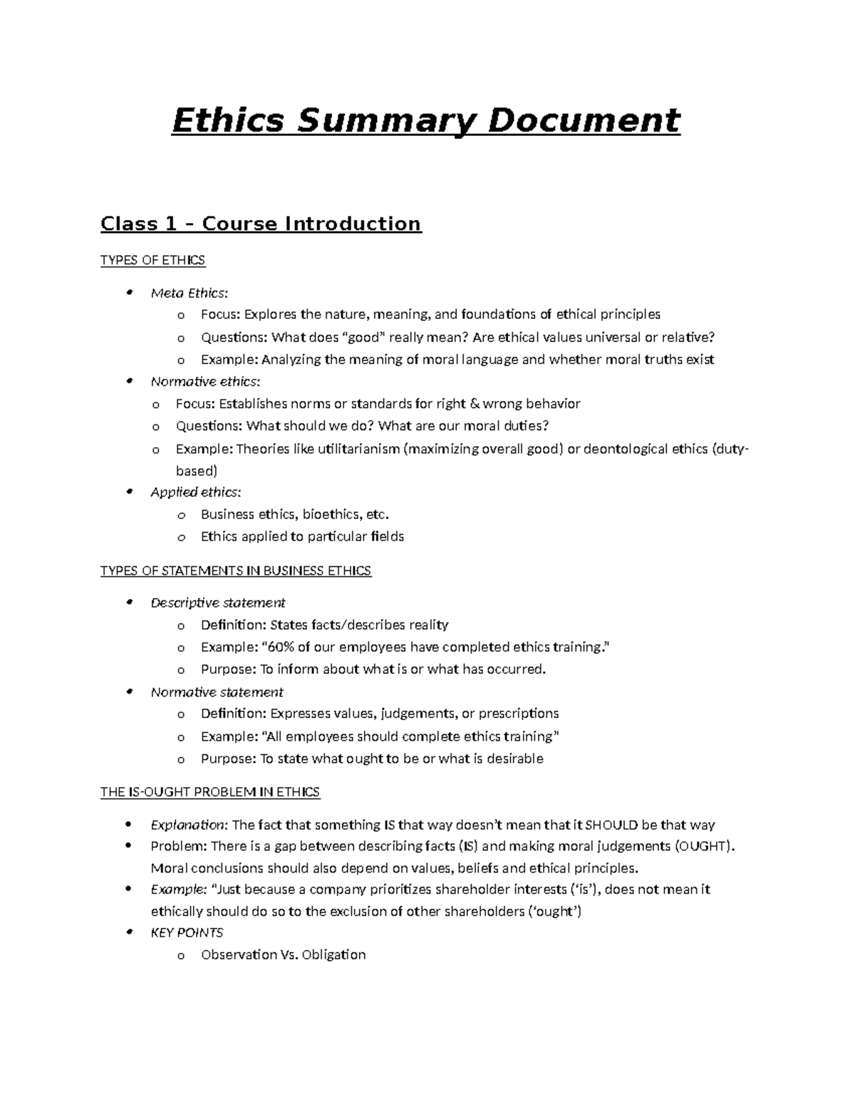 Ethics Summary Document Class 1: Introduction to Ethical Principles ...