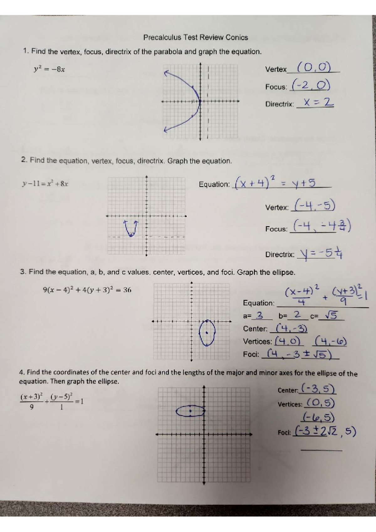 PC Precalculus Conic Sections Test Review KEY - Studocu
