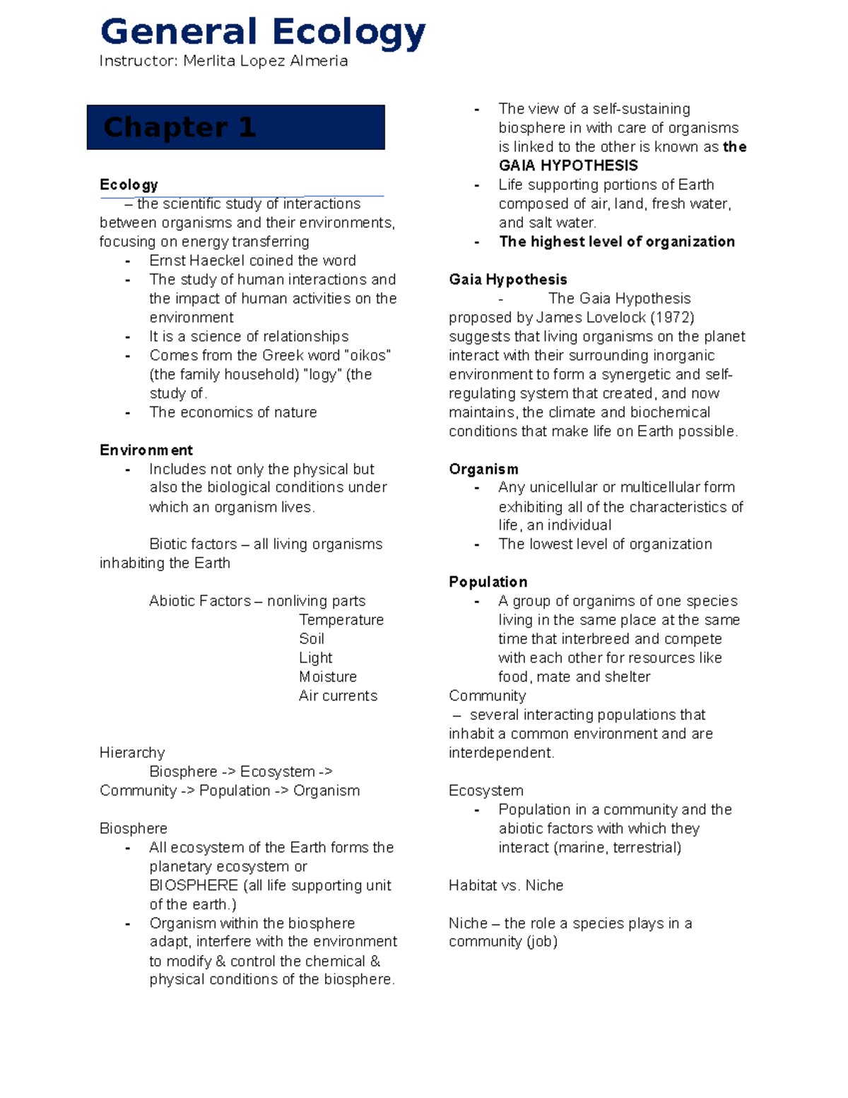 ECOL Review Notes - Intro to Ecology - General Ecology Instructor ...