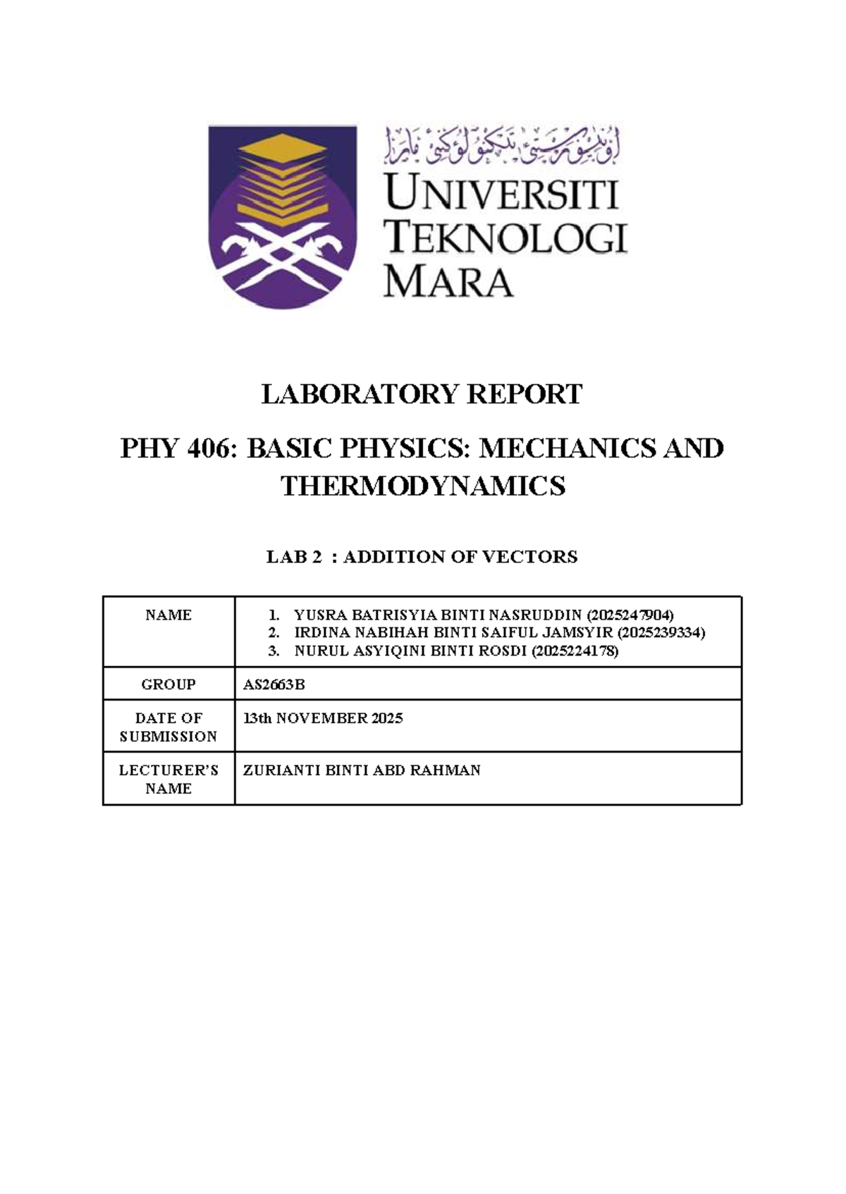 Lab 2 Report: Vector Addition in Mechanics and Thermodynamics (PHY 406 ...
